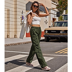 ZMPSIISA Women Pants High Waisted Cargo Pants Combat Military Wide Leg Casual Trousers 8 Pockets(Green,X-Large)