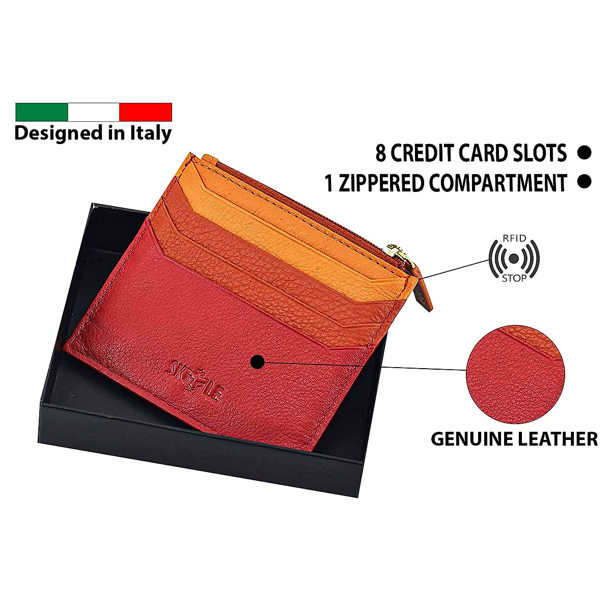 skyle Women secure Card Holder Wallet| Zipper Coin Pocket |Minimalist Mini Purse| RFID protection| 8 Credit Card Slots| Genuine Leather