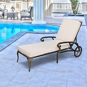 VINGLI Cast Aluminum Outdoor Chaise Lounge Chair with Wheels, Patio Chaise Lounge with 3-Position Adjustable Backrest, Outdoor Tanning Chair Patio Lounge Chair (Bronze, with Cushion)