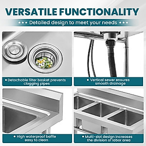 Loccdaok 3 Compartment Utility Sink Stainless Steel Commercial Kitchen Sink Free Standing Triple Bowl Laundry Room Outdoor Garage Sink for Restaurant, Kitchen, Bar, 39" x 20" Triple Bowl