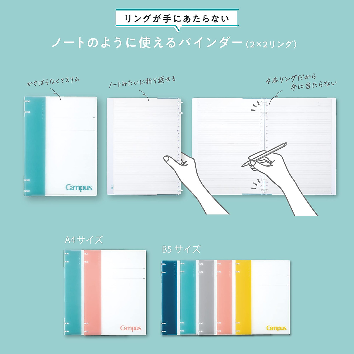 Kokuyo Campus Refillable Notebook, B5 2x2 Slim Ring Binder Notebook with Customizable Title Page, 40 Sheets Capacity. Suitable for 26 Holes Loose Leaf Paper, Yellow (RU-NP704Y)