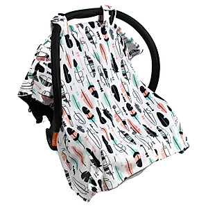 Dear Baby Gear Deluxe Reversible Car Seat Canopy, Custom Minky Print, Woodland Deer Quilt Feathers Pink Mint