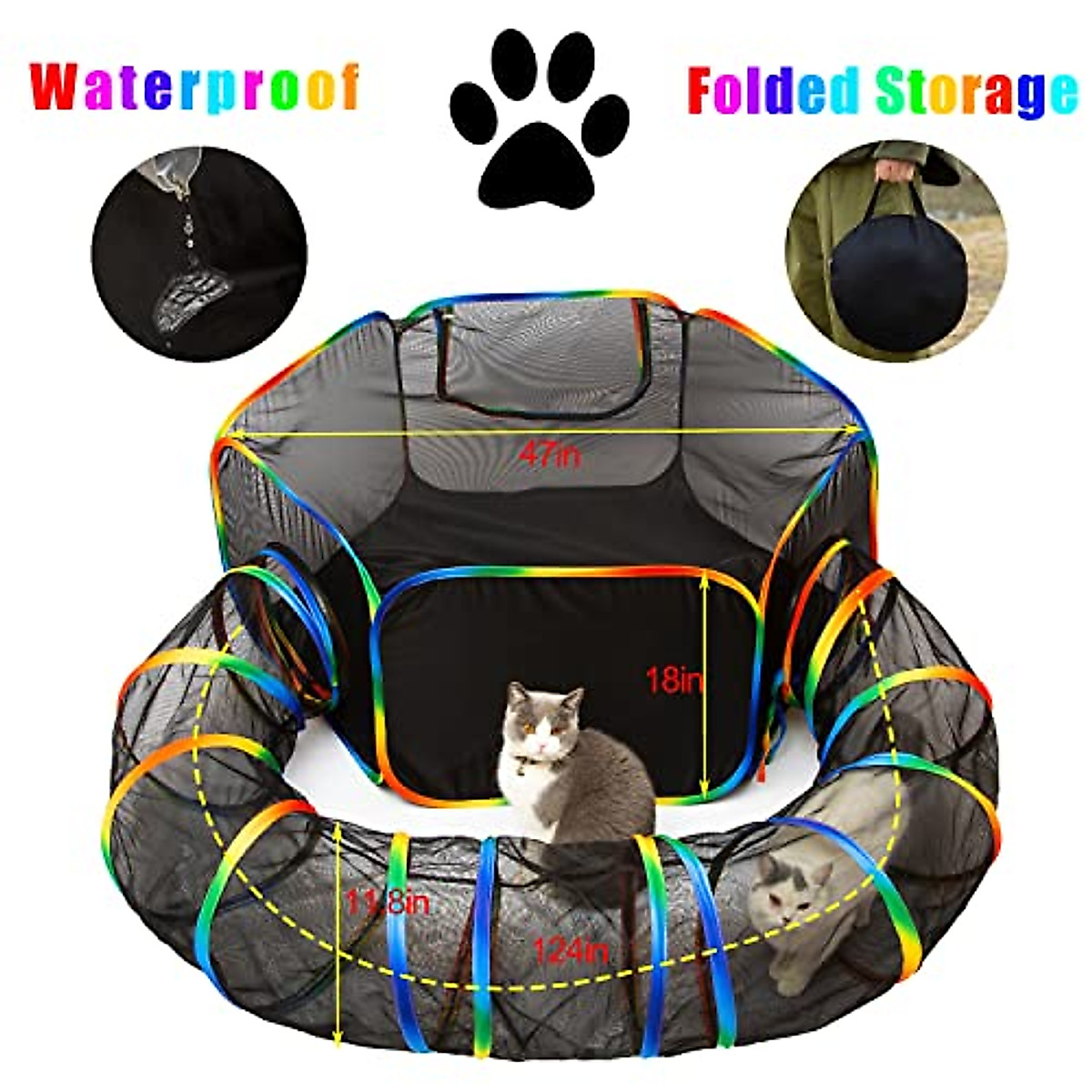 LUCKITTY Outdoor Rainbow Cat Enclosures Playground,Outside House for Indoor Cats Include Portable Cat Tent, Circle Cat Playpen Tunnel, for Cats, Kitty and Small Animals,Within Storage Bag