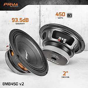 PRV AUDIO 8 Inch Midbass Speaker 8MB450 v2, 450 Watts, 8 Ohm, 2 in Voice Coil, Pro Audio Loudspeaker (Single)
