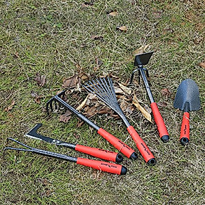 FLORA GUARD 6 Piece Garden Tool Sets - Including Trowel,5-Teeth rake,9-Teeth Leaf rake,Double Hoe 3 prongs, Cultivator, Weeder, Gardening Hand Tools with High Carbon Steel Heads