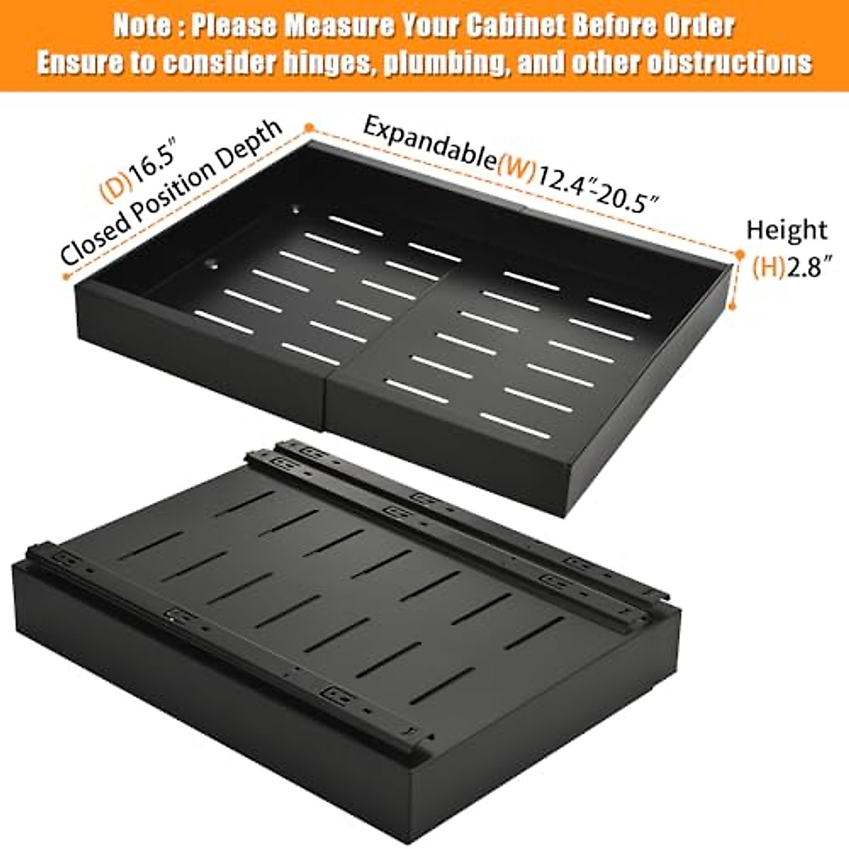 2 Pcs Pull Out Cabinet Organizer, Expandable(12.4"-20.5") Pull Out Drawers for Cabinets Slide Out Drawers for Kitchen Cabinets with Adhesive Nano Film Mounting Adjustable for Kitchen, Pantry (Black)