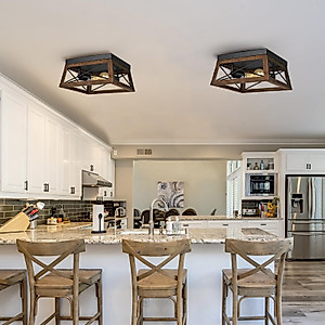 DEWENWILS Farmhouse Metal Flush Mount Light Fixture with Wood Grain Finish, 2-Light Ceiling Lamp for Kitchen, Hallway, Entryway, Foyer