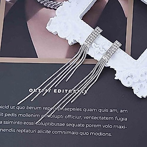 Sttiafay Vintage Rhinestone Dangle Earrings Silver Sleek Chain Drop Earrings Crystal Long Chain Tassel Earrings Sleek Metal Chain Earrings Jewelry for Women and Girls