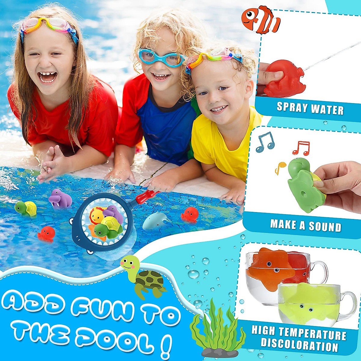 Leitee 14 Pcs Bath Toy Discoloration Water Spraying Floating Animals Shark Fishing Play Set with Fishing Nets Bathtub Squirt Toys for Babies and Kids (Cute)
