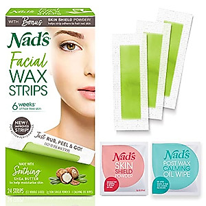 Nad's Facial Wax Strips - Facial Hair Removal for Women - Waxing Kit With 48 Face Wax Strips + 8 Calming Oil Wipes + Skin Protection Powder
