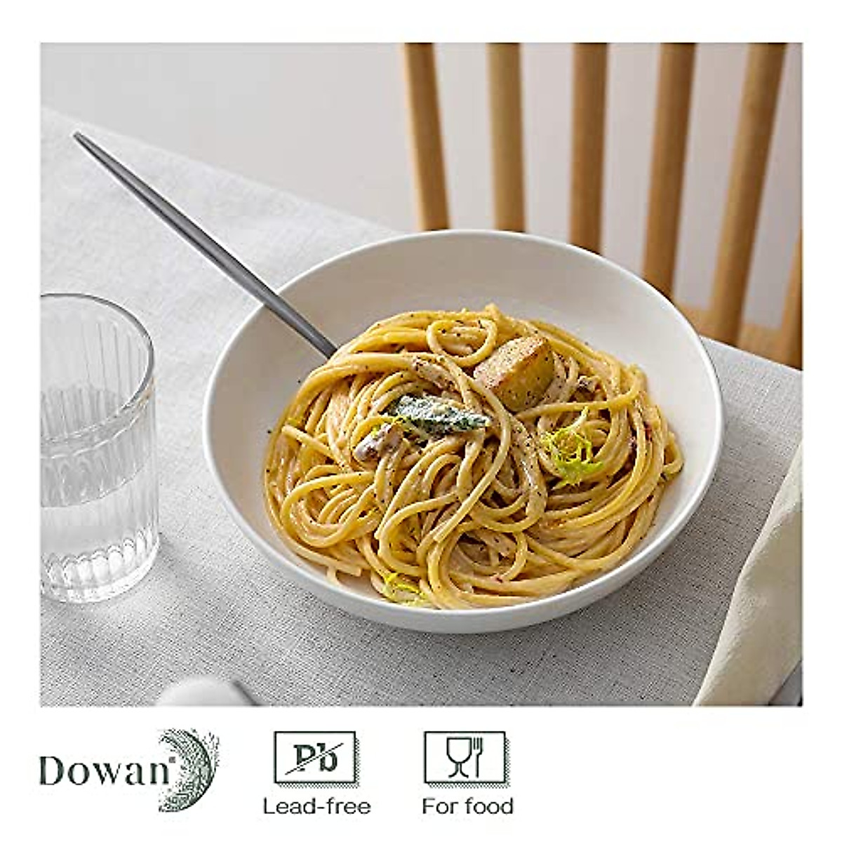 DOWAN Pasta Bowls 32oz, Large Salad Bowls, White Pasta Bowl Set of 6, Porcelain Fruit Bowl Plates, 8.5 inch Wide Shallow Plates, for Bread Meal Prep Bowls