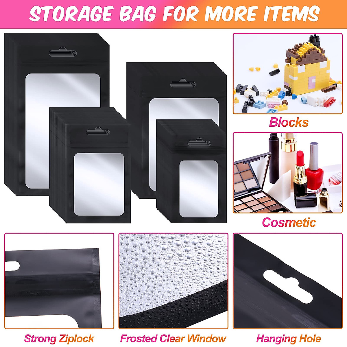 400 Piece Plastic Bags 4 Sizes Self Sealing Sealable Treat Bags for Packaging Food Storage Pouch for Sample Cookies Jewelry (Black, Long Hole)