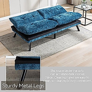 Futon Sofa Bed, Convertible Sleeper Sofa with Adjustable Backrest, Loveseat Futon Bed with Black Metal Legs, Breathable Lounge Couch for Apartment, Studio, Office, Small Space (Blue)