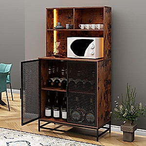 Auromie Wine Bar Cabinet with LED Lights, 4-Tier Coffee Bar Cabinets with Storage Shelves, Industrial Kitchen Storage Cabinet with Wine Rack, Freestanding Liquor Cabinet with Glass Holder, Rustic