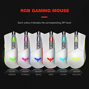 Havit Mechanical Keyboard and Mouse Combo RGB Gaming 104 Keys Blue Switches Wired USB Keyboards with Detachable Wrist Rest, Programmable Gaming Mouse for PC Gamer Computer Desktop (White) (Renewed)