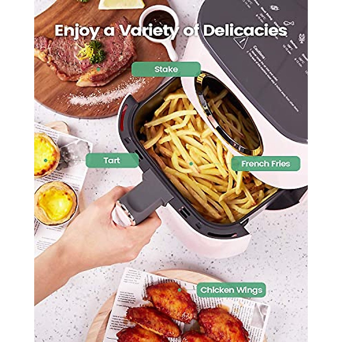 [NEW] KOOC Large Air Fryer, 4.5-Quart Electric Hot Oven Cooker, Free Cheat Sheet for Quick Reference Guide, LED Touch Digital Screen, 8 in 1, Customized Temp/Time, Nonstick Basket, Pink