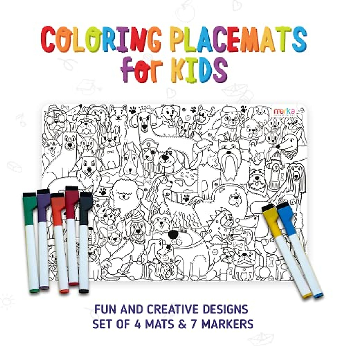 merka Plastic Placemats Set of 6 Wipeable Kids Placemat Kids Table Silicone Placemat Cats and Dogs Set of 4 Mats with 7 Dry Erase Markers for Ages 2 and Up