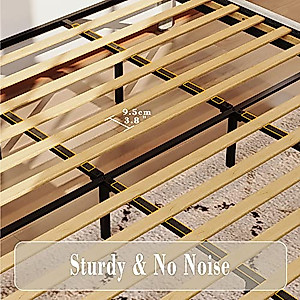 LIKIMIO Queen Bed Frame, Upholstered Platform Bed with Headboard Heavy Strong Metal/Wood Supports, Easy Assembly, Noise-Free, No Box Spring Needed, Black