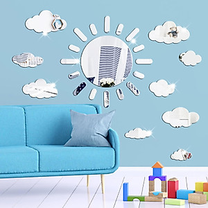 Sun and Cloud Mirror Stickers Decals 3D Acrylic Mirror Wall Stickers Self Adhesive Decorative Silver Removable Peel and Stick for Kids Baby Bedroom Bathroom Playroom Nursery Ceiling Wall Decor