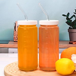 Encheng 16 oz Glass Juice Bottles with Lids,9 Pack Reusable Drinking Jars with Lids and Straws,Clear Round Smoothies Cup for Juicing,Kombucha,Water,Milk,Travel