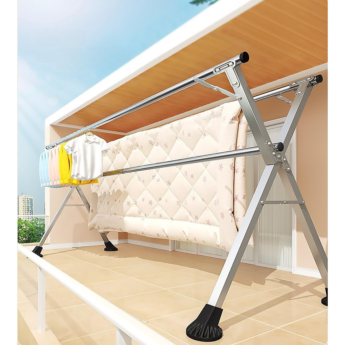 79 Inches Clothes Drying Rack Clothing with Windproof Design, Folding Indoor Outdoor,Heavy Duty Stainless Steel Laundry Drying Rack,Foldable Portable Garment Rack,20 Hooks,12 Clips,5 Shoe Drying Racks