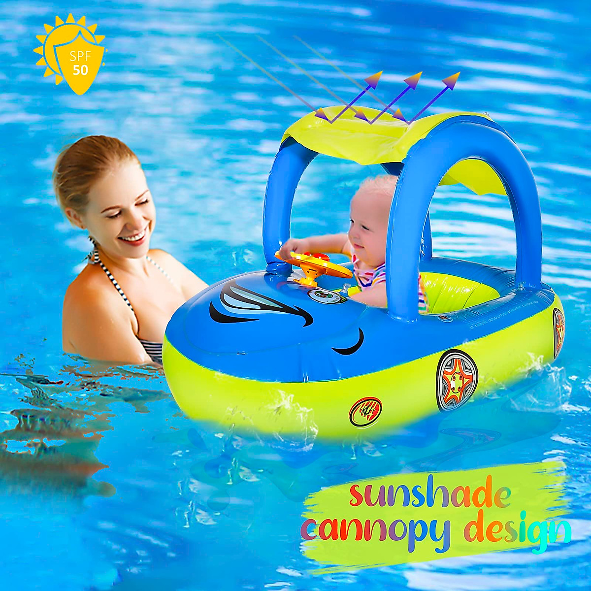 Baby Pool Float with UPF 50+ Canopy,Car Shaped Babies Swim Float Boat for Toddler Infant Swim Ring Pool Spring Floaties Summer Beach Outdoor Play