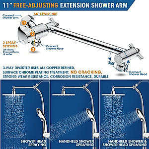 High Pressure 9'' Rainfall Shower Head With Handheld Combo, 10-Setting Handheld Shower Head Built-In Power Wash, 11'' Extension Arm Height/Angle Adjustable With Holder & 60" Hose - Polished Chrome