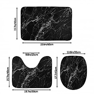 WONDERTIFY Black Marble Bathroom Antiskid Pad Luxury Dark Rock Smooth Surface 3 Pieces Bathroom Rugs Set, Bath Mat+Contour+Toilet Lid Cover