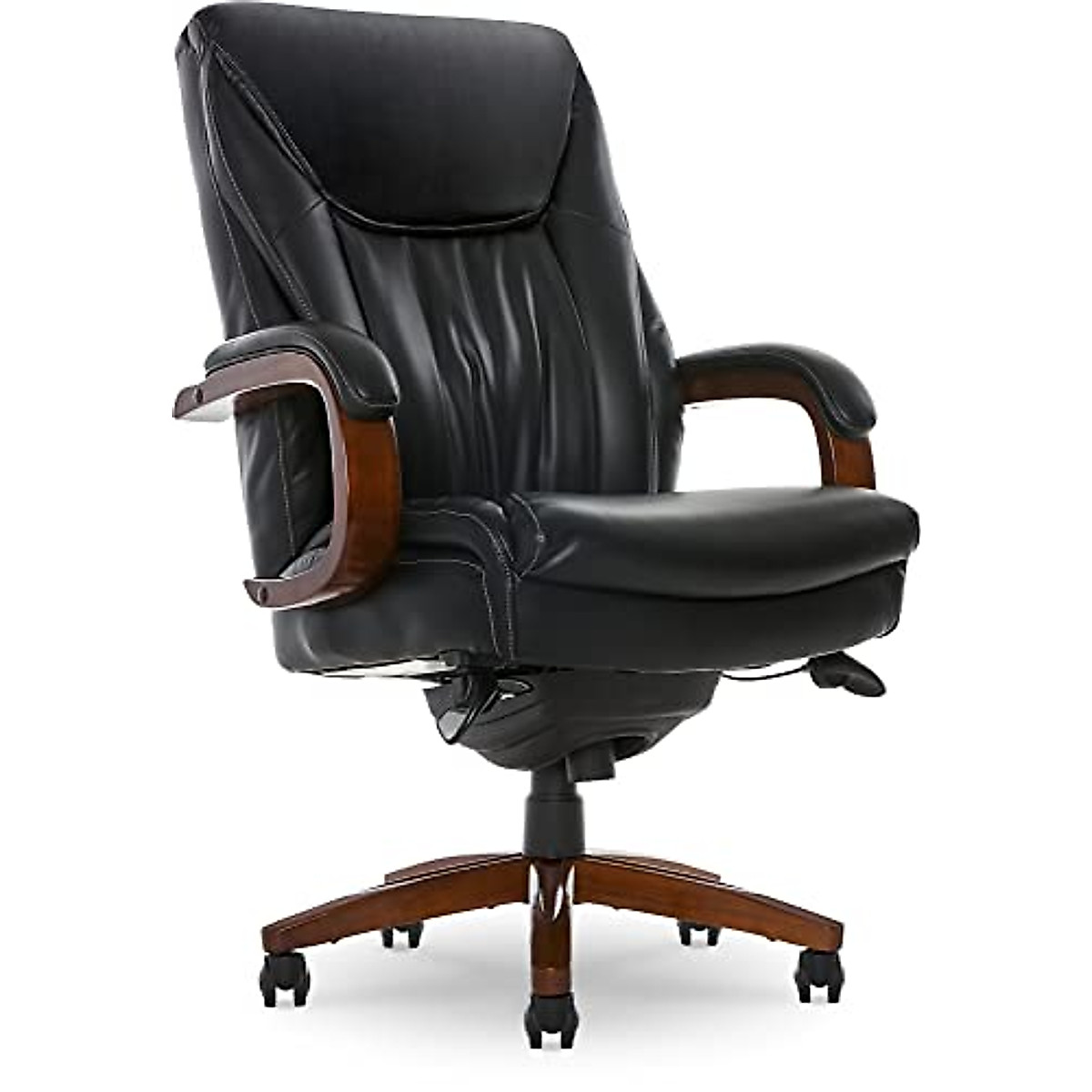 La-Z-Boy Edmonton Big and Tall Executive Office Chair with Comfort Core Cushions, Solid Wood Arms and Base, Waterfall Seat Edge, Bonded Leather, Big & Tall, Black