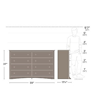 Prepac Sonoma 8 Drawer Double Dresser for Bedroom, Wide Chest of Drawers, Bedroom Furniture, Clothes Storage and Organizer, 17.25" D x 59" W x 37" H, White