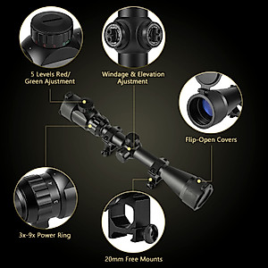 SOROVEE Rifle Scope 3-9x40 EG Red Green Rangefinder Illuminated Optical Tactical Airsoft Scopes for Hunting with 20mm Free Mounts and Flip-Open Covers