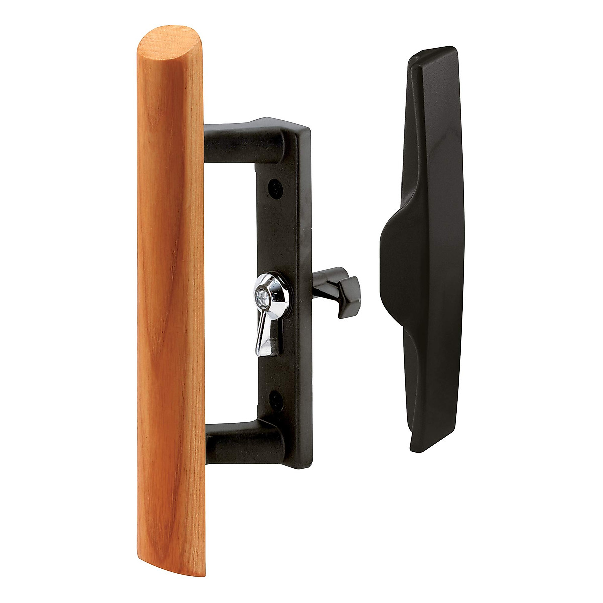 Prime-Line 141866 Sliding Glass Door Handle Set, 3-1/2 In., Diecast and Wood, Black, Hook Style, Internal Lock (Single Pack)