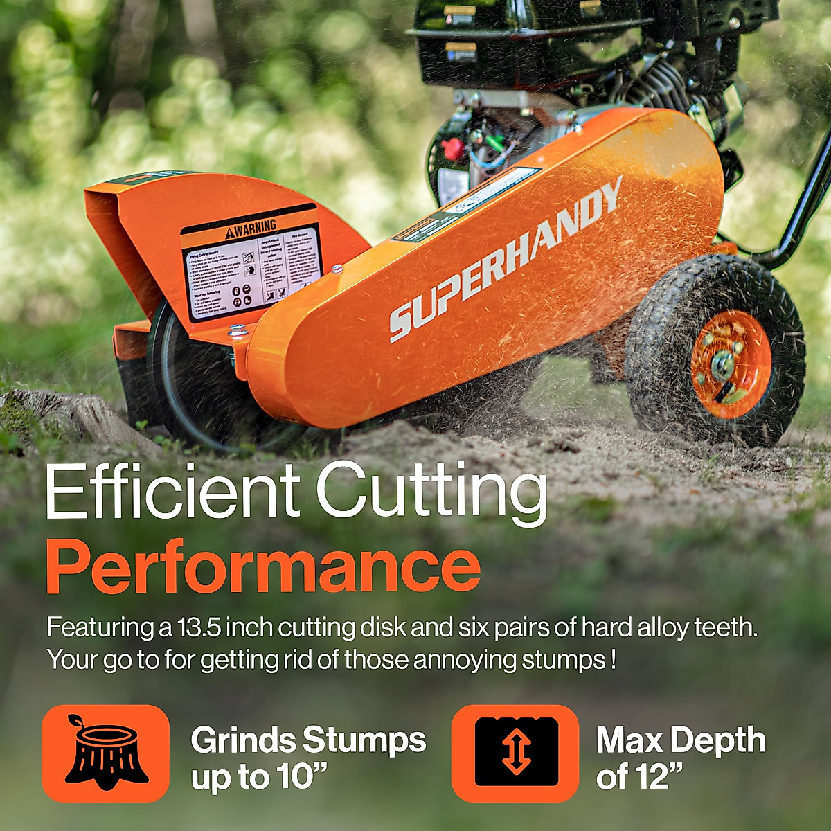 SuperHandy Gas Stump Grinder 9HP Engine - Direct Belt Drive, 12-inch Cutting Performance, 6 Carbide Teeth - Compact & Lightweight