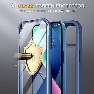 Miracase Compatible with iPhone 13 Mini case 5.4 inch, 2023 Upgrade Full-Body Glass Clear Case Bumper Case with Built-in 9H Tempered Glass Screen Protector for iPhone 13 Mini, Dark Blue