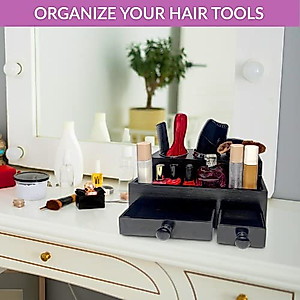 Hair Tool Organizer, Makeup Organizer, Gloss Black Wooden Hair Dryer Holder, Bathroom Countertop Blow Dryer Holder with Two Draws, Vanity Caddy Storage Stand for Accessories, Makeup, Toiletries