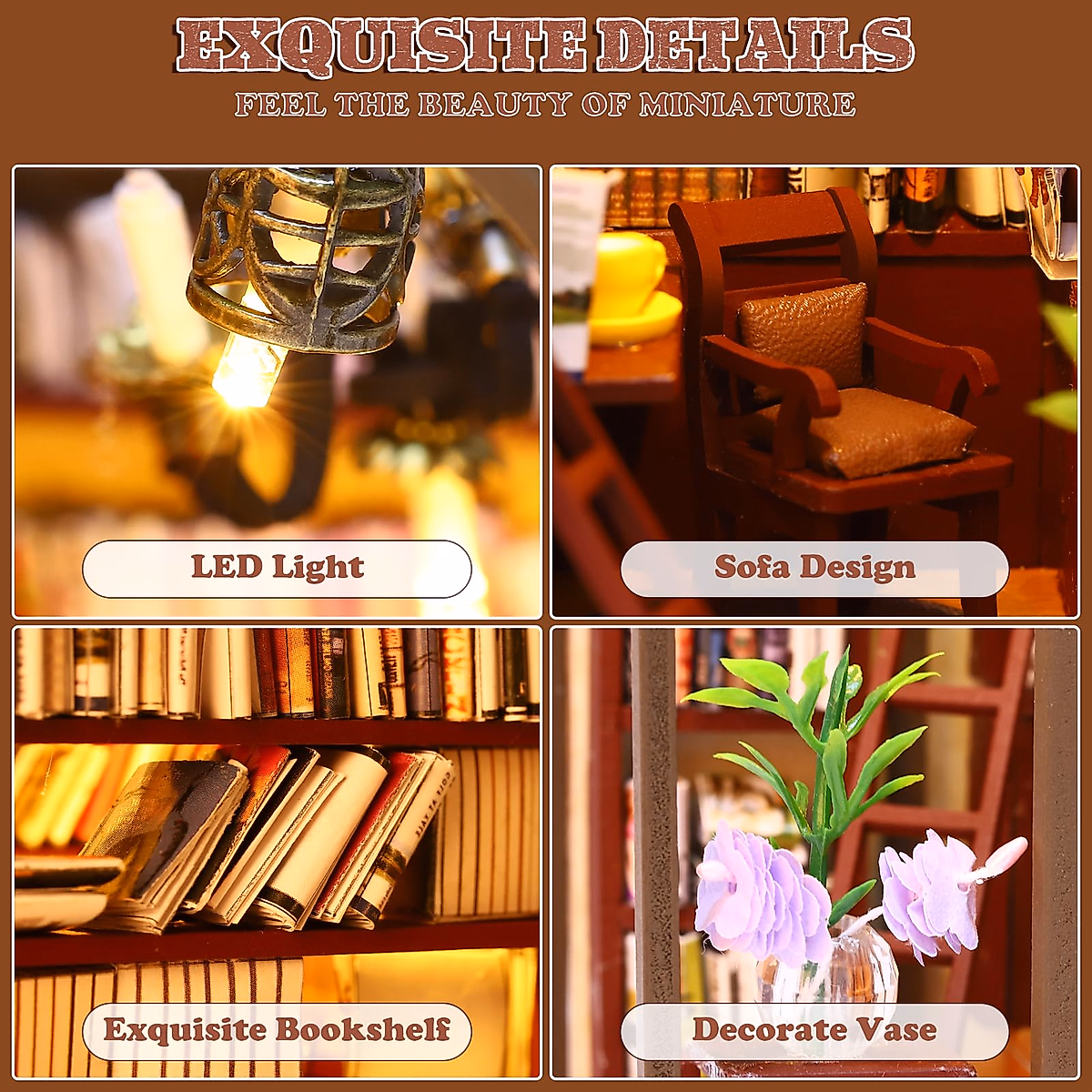 Book Nook Kit, DIY Miniature Dollhouse Booknook Kit, 3D Wooden Puzzle Bookend Bookshelf Insert Decor with LED Light for Adults and Teens, Gifts for Family and Friends (Library)