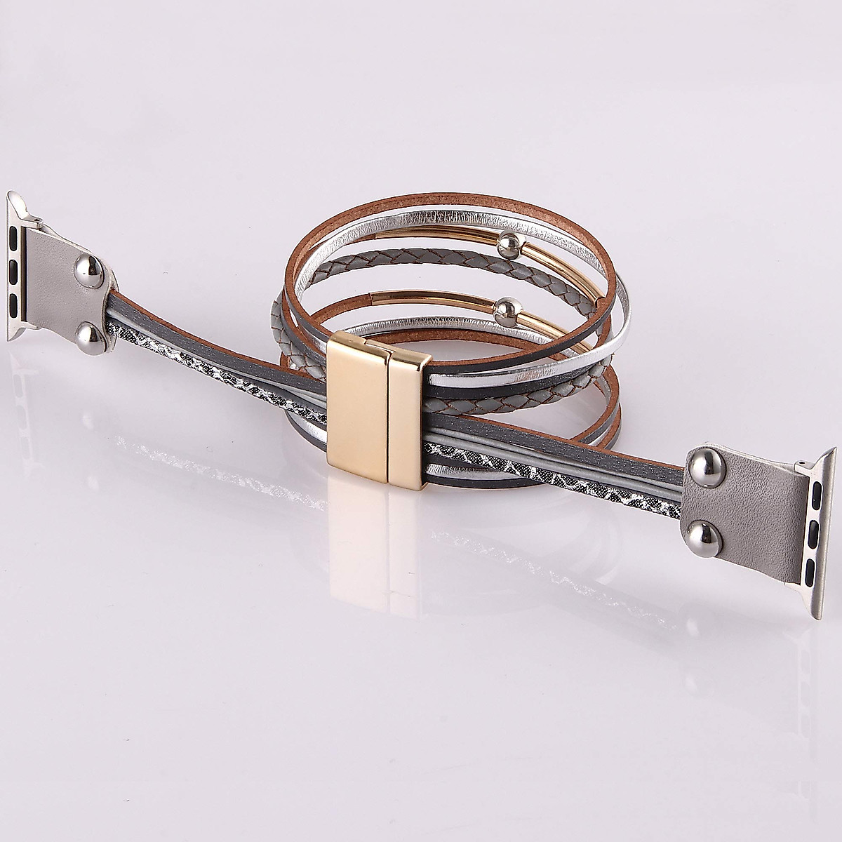 VIKOROS Multi-Layer Leather Wrap Bracelet Compatible with Apple Watch Ultra SE Series 8 7 6 5 4 3 40mm 38mm 41mm for Women Mens, Boho Stylish Cuff Bangle Watch Strap for Iwatch Bands , Silver Grey