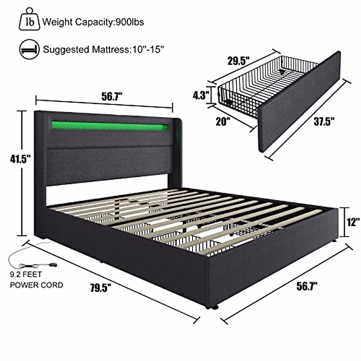 LUXOAK Full LED Bed Frame with Wingback Headboard & 4 Storage Drawers, Upholstered Platform Bed with USB & USB-C Ports, App/Remote Control, Box Spring Optional, Dark Grey…