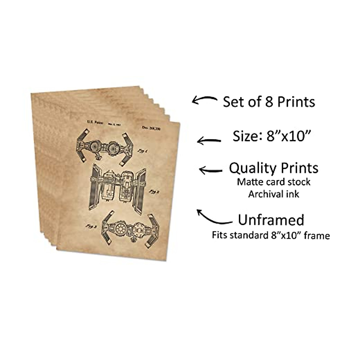 Star Vessels Gifts - Set of 8 Wall Art Prints (8x10) for Men Boys Women Bathroom Bedroom Room Decor Movie Sci Fi Wars Comic-Con Man Cave Garage Retro Reinterpreted Studio Student Decorations