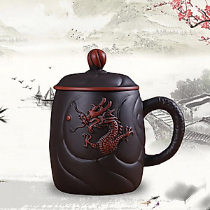Purple Clay Chinese Embossed Dragon Teacups Creative Retro Tea Mug with Lid and Infuser Handmade Water Cup Drinkware Gifts