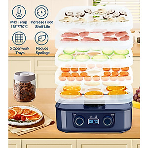 LanAqua Food Dehydrator Machine, Dehydrator for Food and Jerky with Adjustable Temperature(95-158°F) & 48H Timer, Digital Food Dehydrator with 5-Trays, Electric Food Dryer for Meat, Pet Treats, Herbs