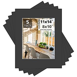 MBC Mat Board Center, Pack of 5, 11x14 for 8x10 Black Photo Picture Mat - Acid Free, 4-ply Thickness, White Core - for Pictures, Photos, Framing