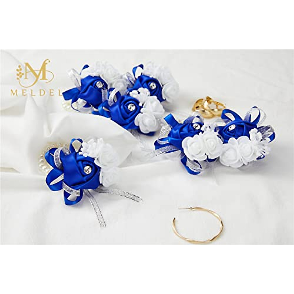 Meldel Prom Flower Wrist Corsages for Wedding, Set of 6, Royal Blue Wrist Corsages for Prom Bridal Bridesmaid Girl, Rose Hand Flower for Wedding Ceremony Anniversary,Dinner Party, Homecoming