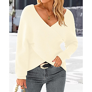 KIRUNDO 2024 Fall Winter Women's Long Sleeve Cross Wrap V Neck Knit Sweater Off Shoulder Backless Casual Pullover Tops(Apricot, Small)