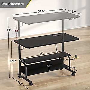 Height Adjustable Standing Desk with Power Outlets, 32" Manual Stand Up Desk with Storage Shelves Small Mobile Rolling Computer Desk Portable Laptop Table with Wheels for Home Office, Black