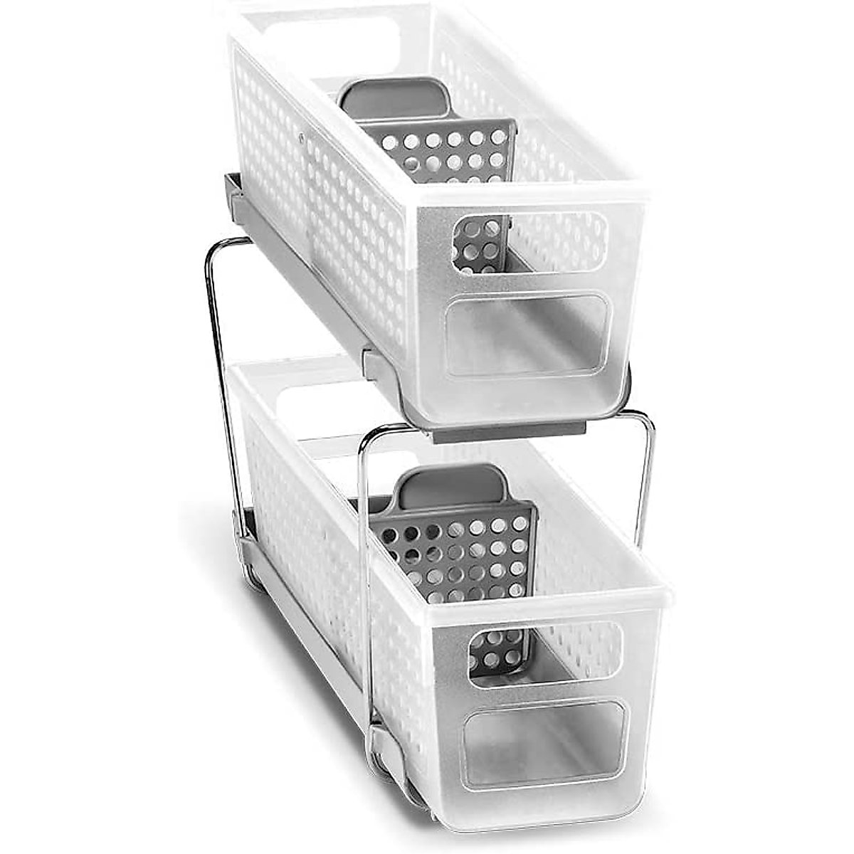 madesmart Mini 2-Tier Organizer, Multi-Purpose Slide-Out Storage with Handles and Dividers for Home and Bath, Frost