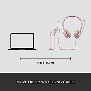 Logitech H390 Wired Headset for PC/Laptop, Stereo Headphones with Noise Cancelling Microphone, USB-A, in-Line Controls for Video Meetings, Music, Gaming and Beyond - Rose