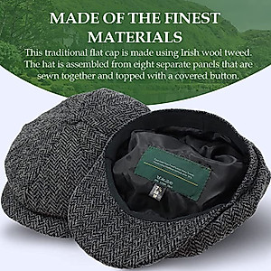 Biddy Murphy Newsboy Hat for Men Irish Flat Cap 100% Wool Tweed, Herringbone, Imported, Large Gray