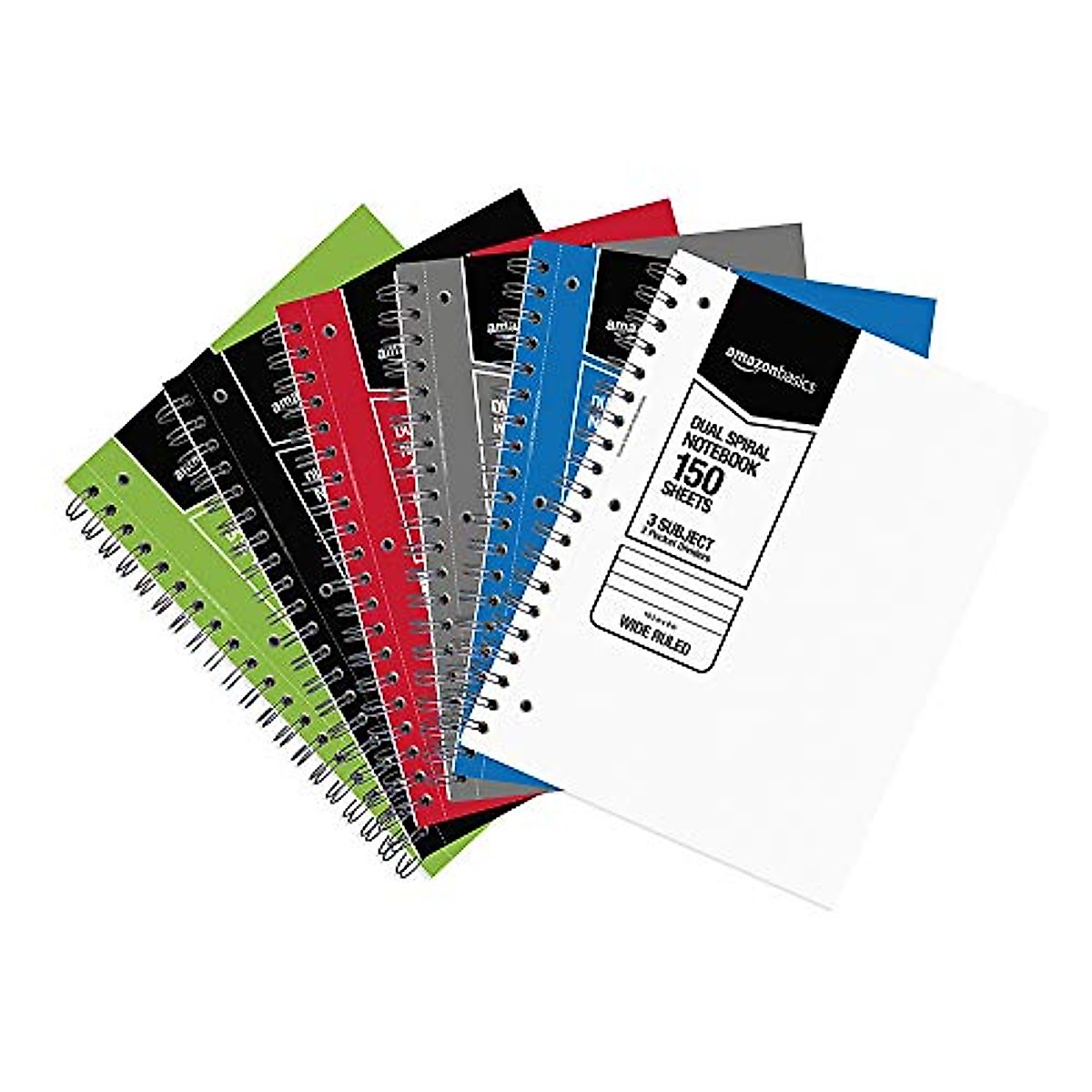 Amazon Basics Wide Ruled Wirebound 3-Subject 150-Sheet Notebook with Pocket Divider - Pack of 6, 10.5 x 8 Inch, Multi-Color