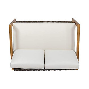 Christopher Knight Home Diana Outdoor Acacia Wood Loveseat with Wicker Accents, Teak Finish, Gray, Beige